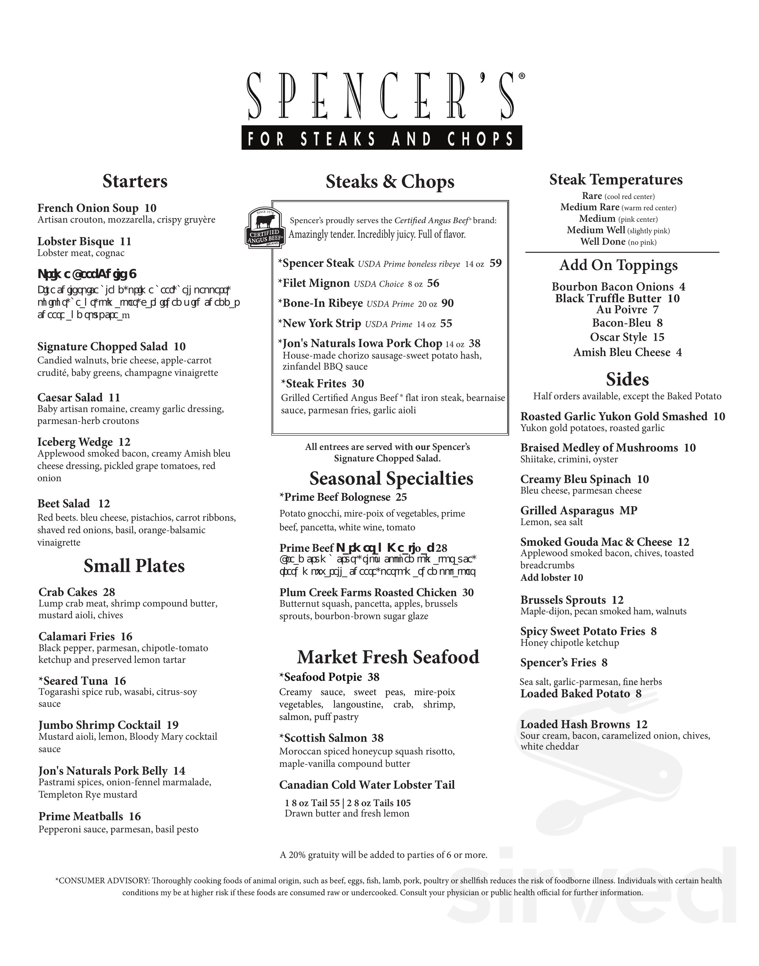 Menu for Spencer's for Steaks and Chops in Omaha, NE | Sirved