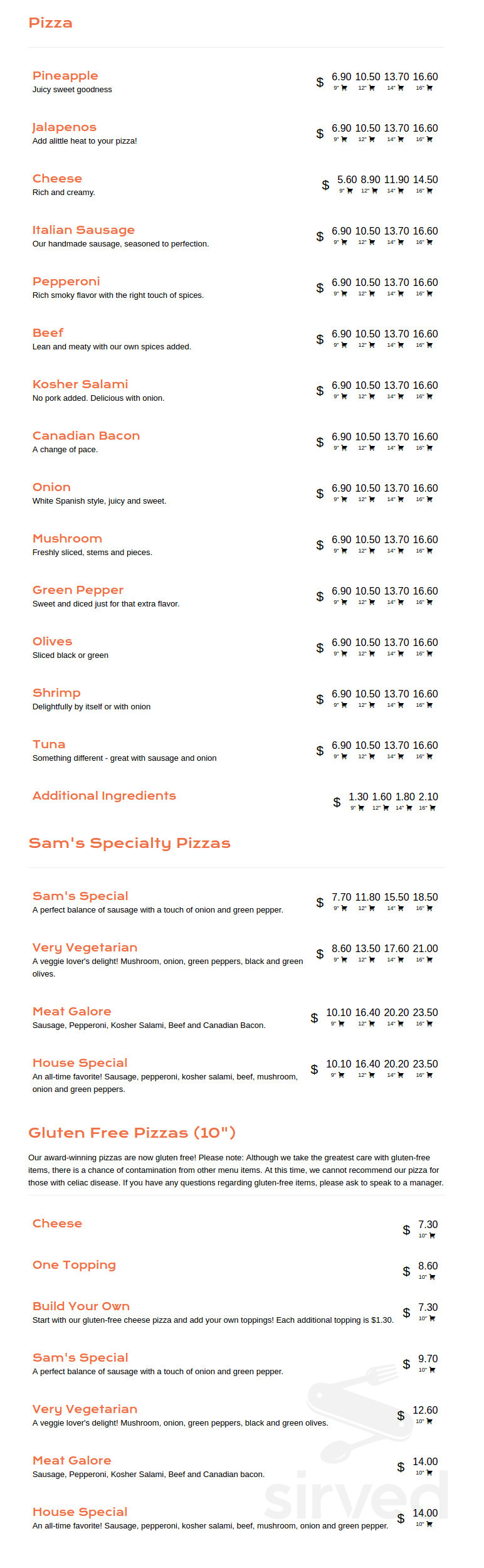 Sam's Pizza of Schofield menu in Weston, Wisconsin, USA