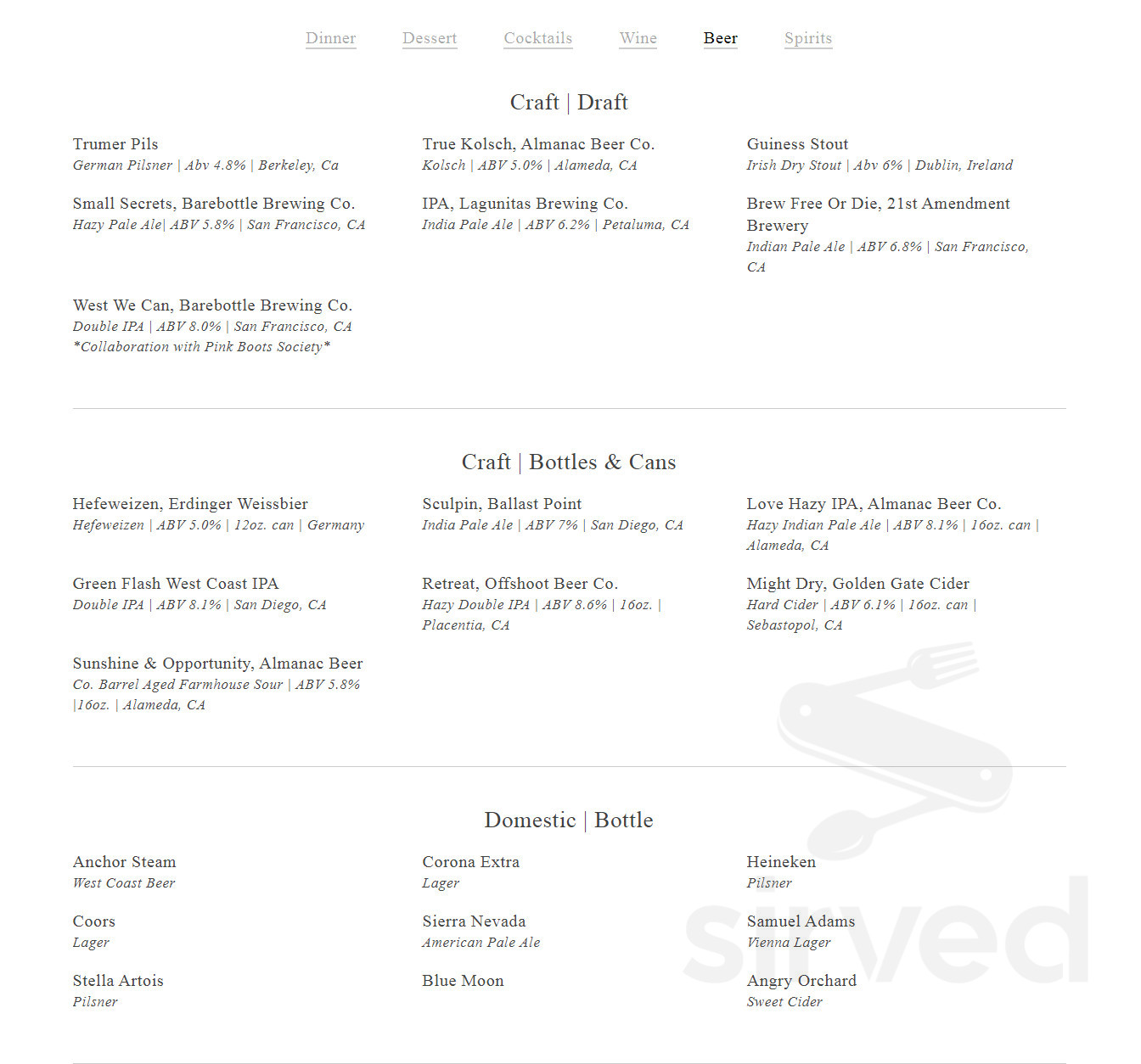 Pied Piper menu in San Francisco, California, USA