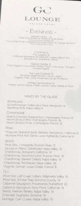 The Garden Court menu in San Francisco, California, USA