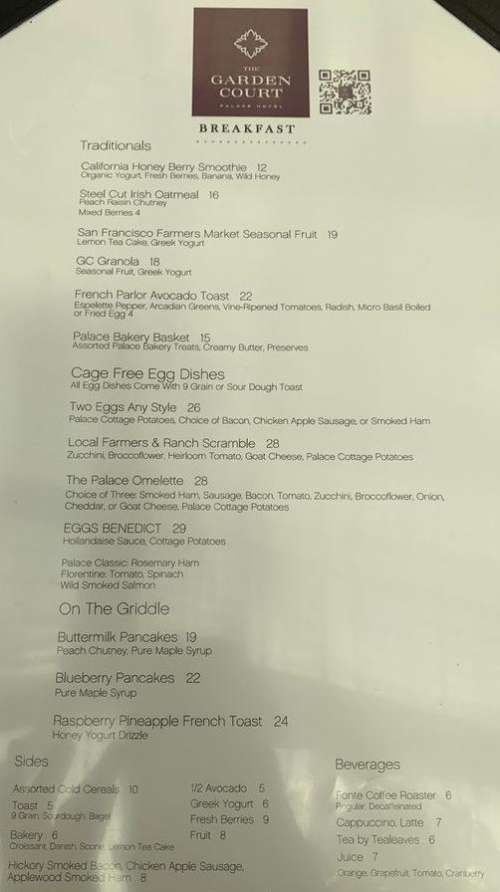 The Garden Court menu in San Francisco, California, USA