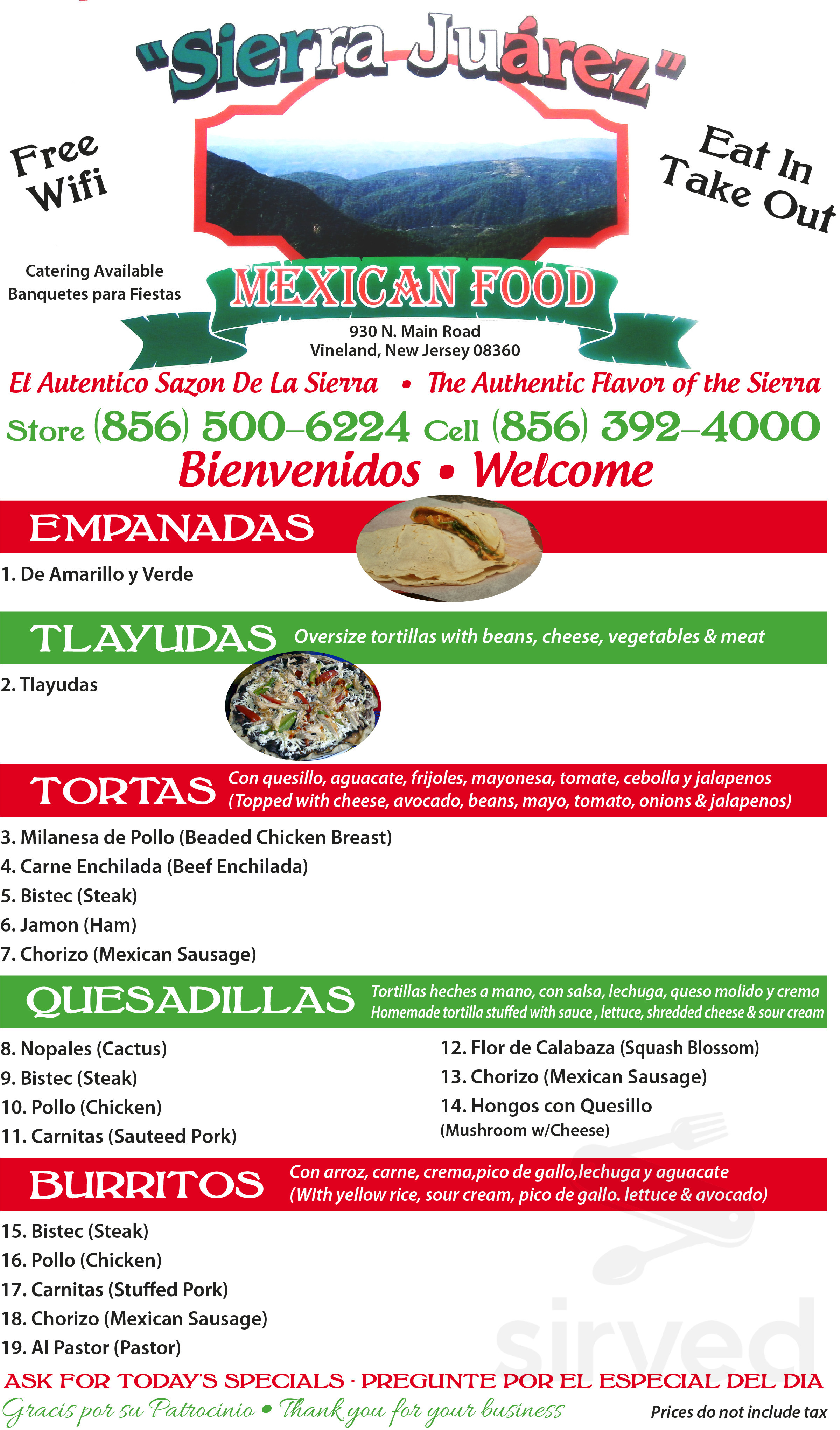 Sierra Juarez Mexican Food menu in Vineland, New Jersey, USA