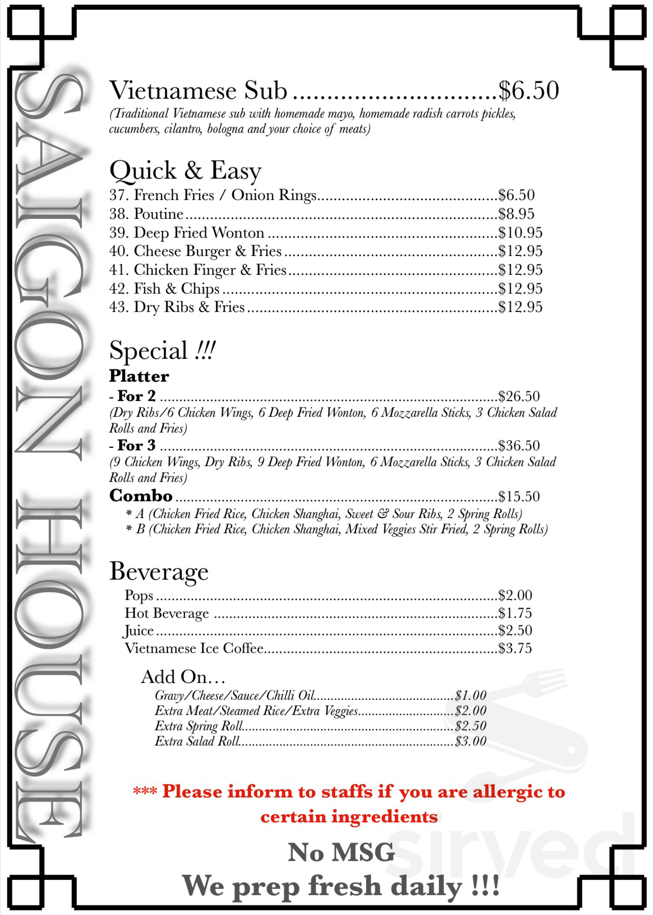 Saigon House menus in Meadow Lake, Saskatchewan, Canada