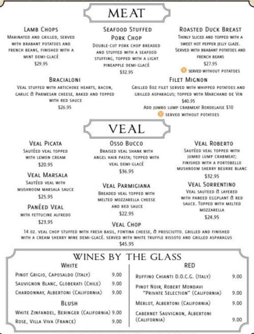 Vincent's Italian Cuisine menu in New Orleans, Louisiana, USA