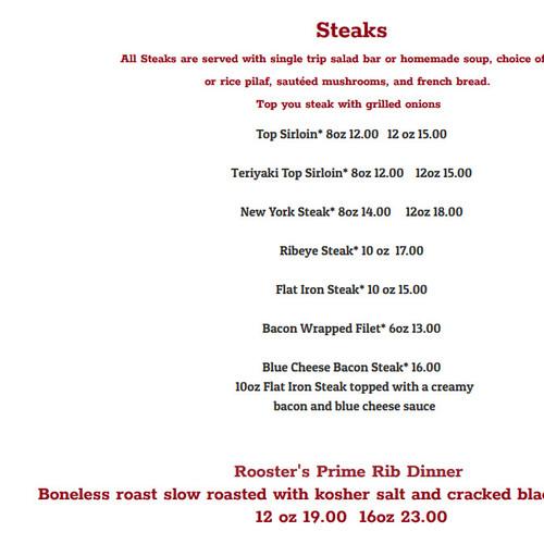 Red Rooster Grill and Pub menu in Klamath Falls, Oregon, USA