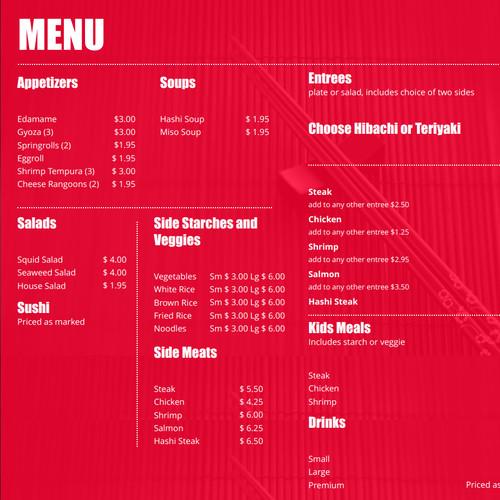 Hashi Teppan menu in Abilene, Texas, USA