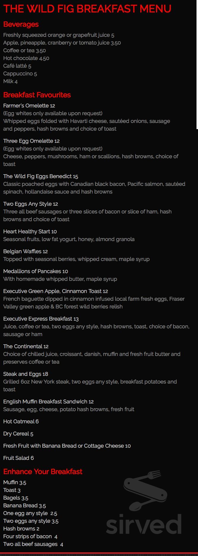 The Wild Fig Restaurant + Bar menu in Coquitlam, British Columbia, Canada