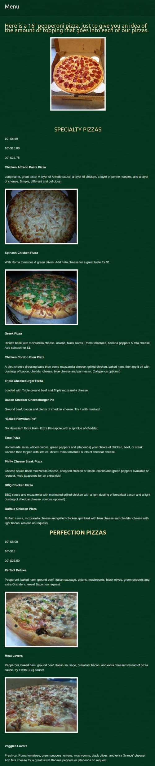 Pizza Perfect Pizza menu in Inman, South Carolina, USA