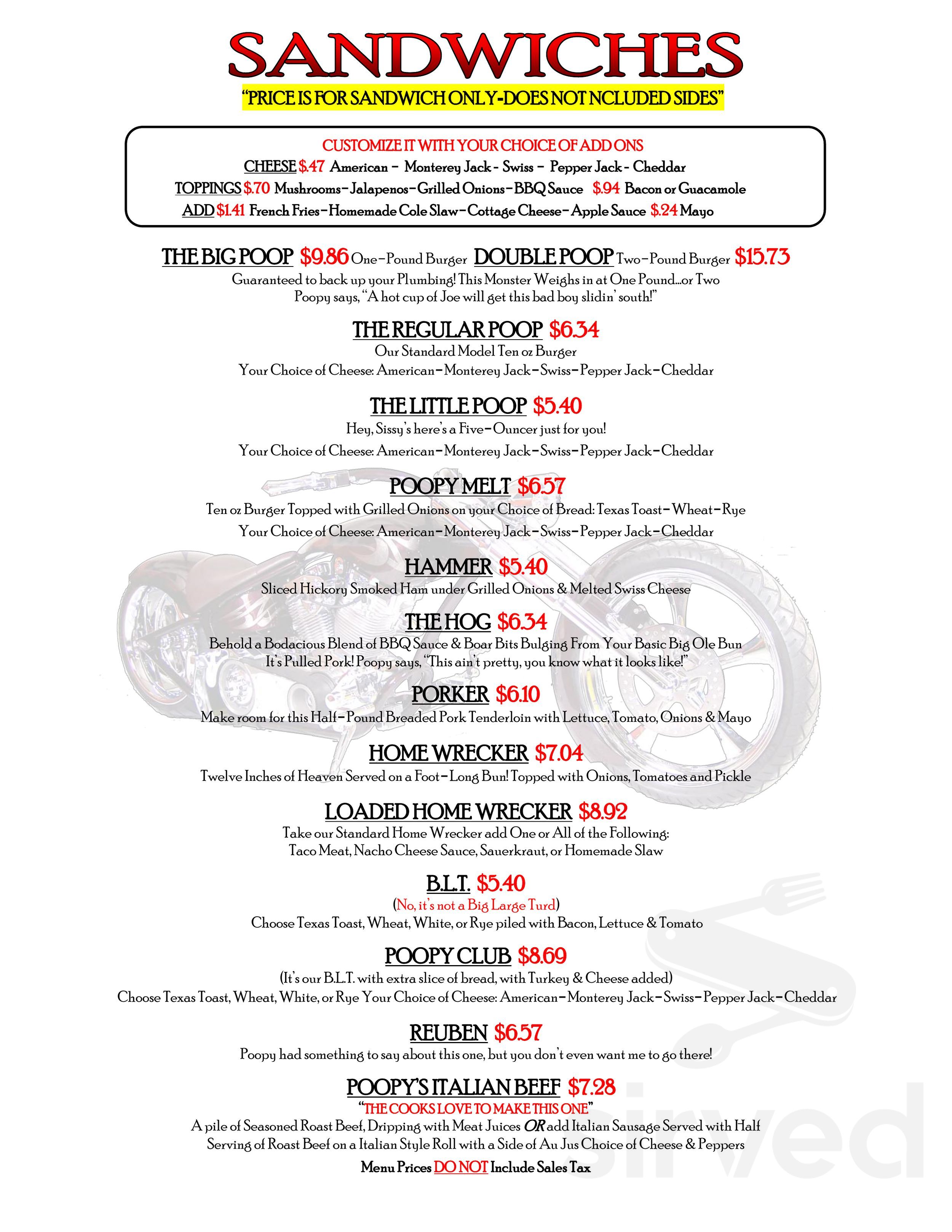 Poopy's Pub menu in Savanna, Illinois, USA