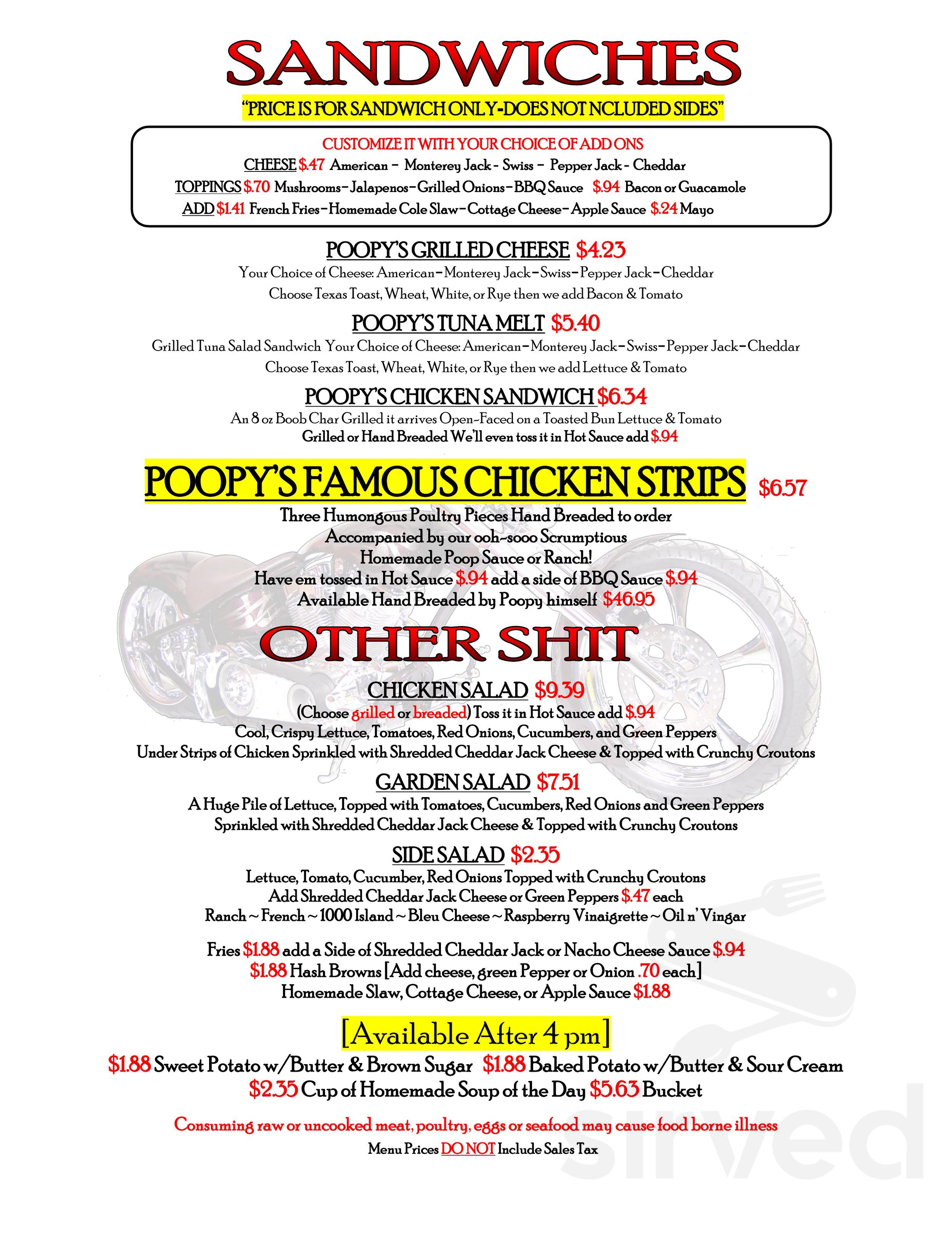 Poopy's Pub menu in Savanna, Illinois, USA