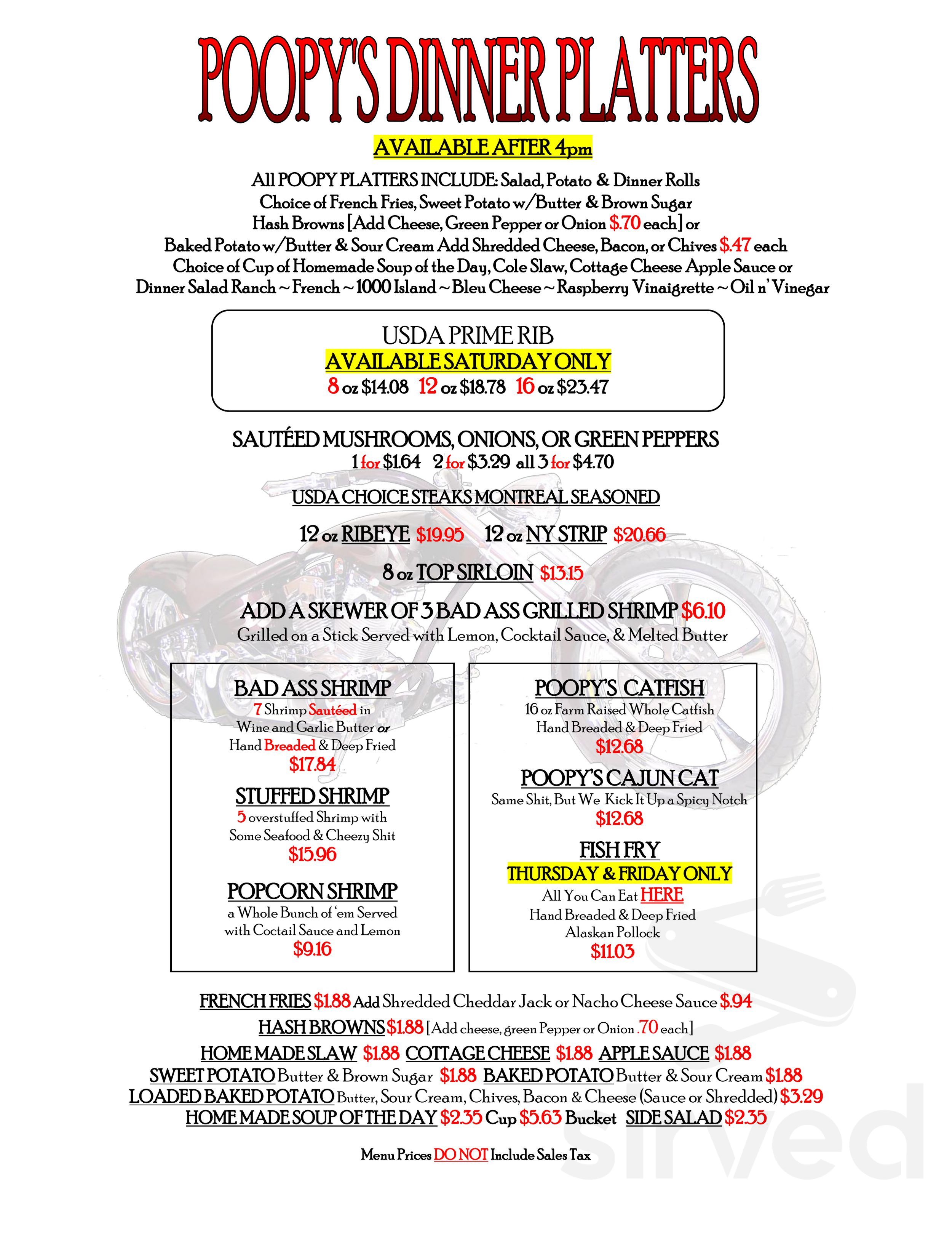 Poopy's Pub menu in Savanna, Illinois, USA