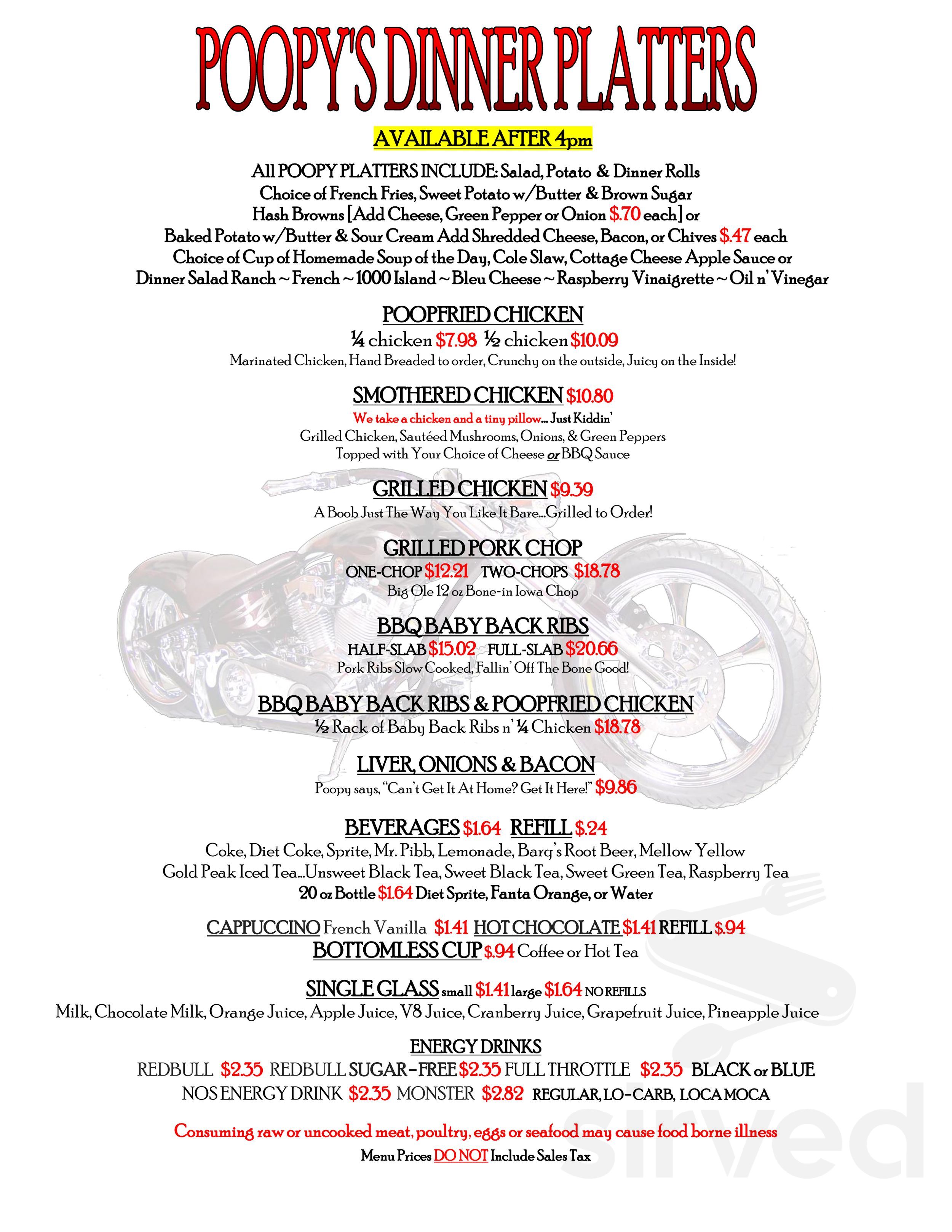 Poopy's Pub menu in Savanna, Illinois, USA