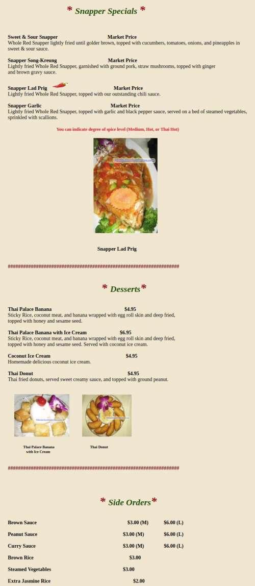 Thai Palace menu in Bradenton, Florida, USA