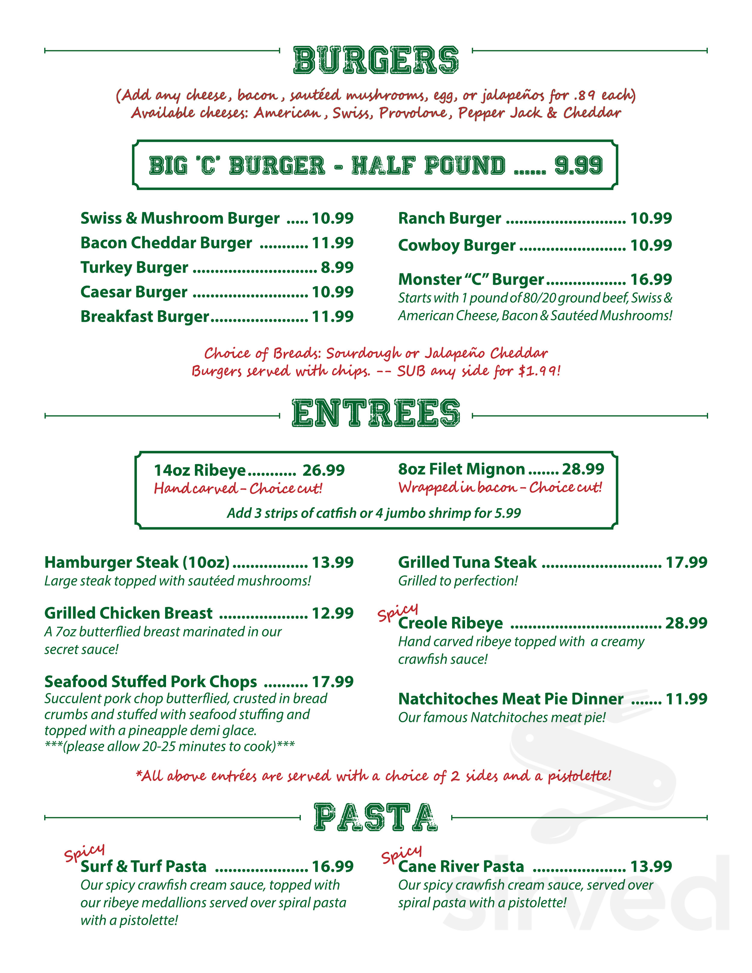 Menu - Natchitoches LA's Papa's Bar & Grill | Sirved