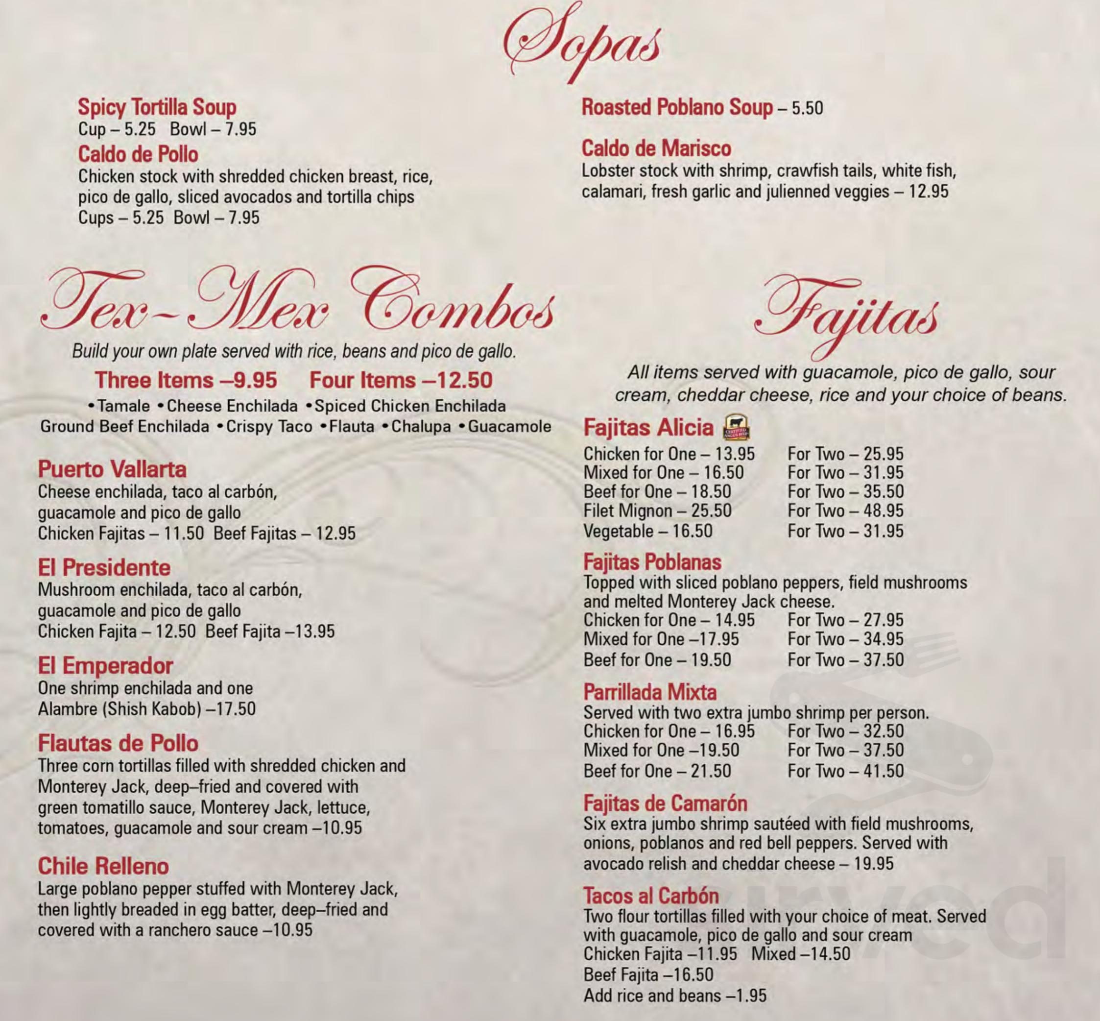 Menu - Katy TX's Alicia's Mexican Grille | Sirved