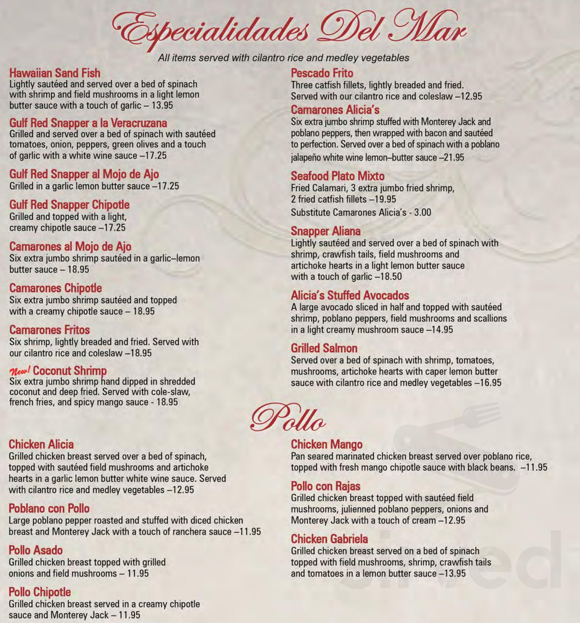Menu - Katy TX's Alicia's Mexican Grille | Sirved