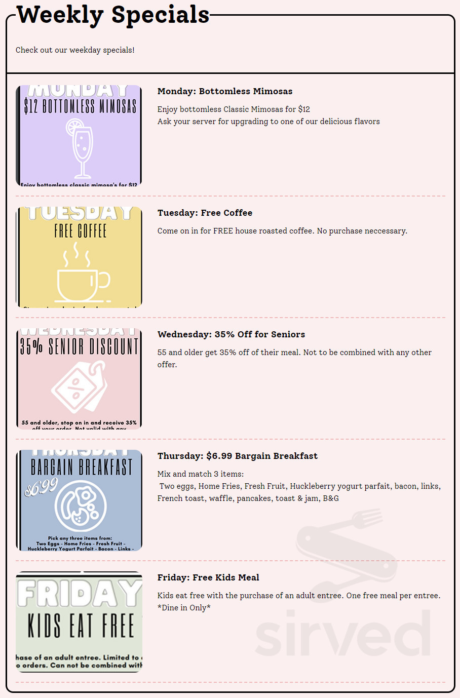 Blue Bench Brunchette menu in Boise, Idaho, USA