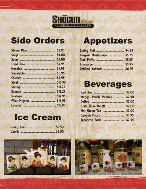 Shogun menu in San Antonio, Texas, USA
