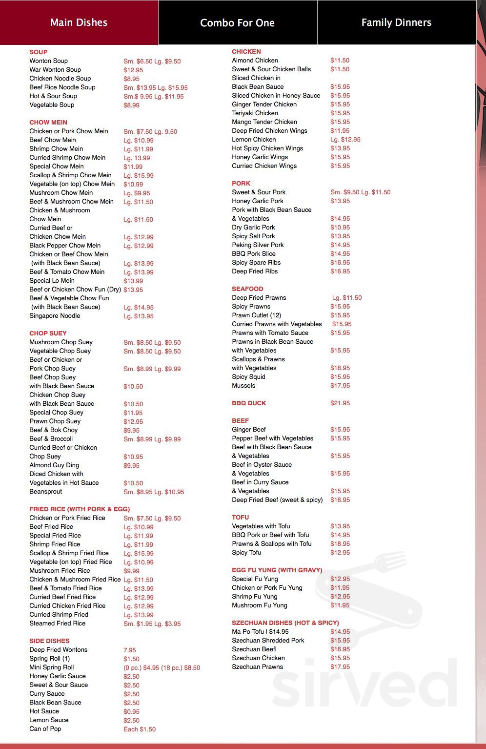 China Taste Restaurant Ltd menu in Prince George, British Columbia, Canada