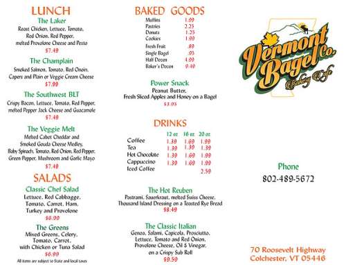 Vermont Bagel Company menu in Colchester, Vermont, USA