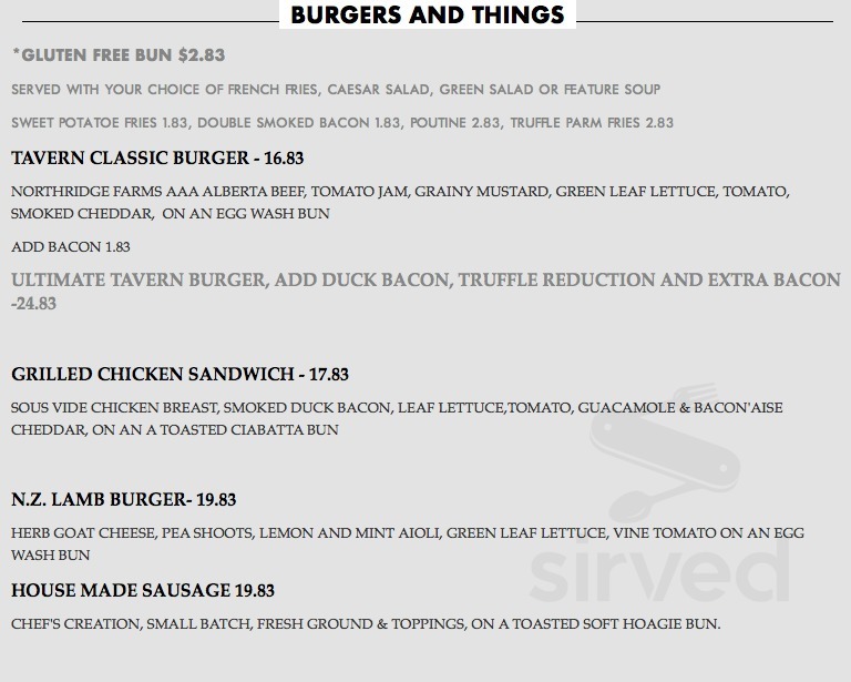 Tavern 1883 menu in Canmore, Alberta, Canada