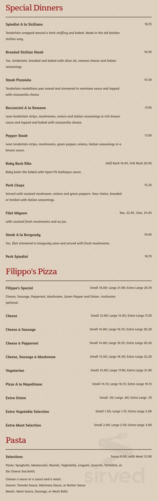 Menu - Milwaukee WI's Filippo's Italian Restaurant | Sirved