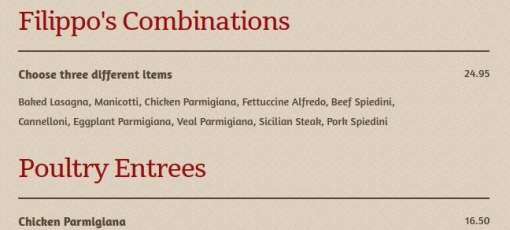 Menu for Filippo's Italian Restaurant in Milwaukee, WI | Sirved