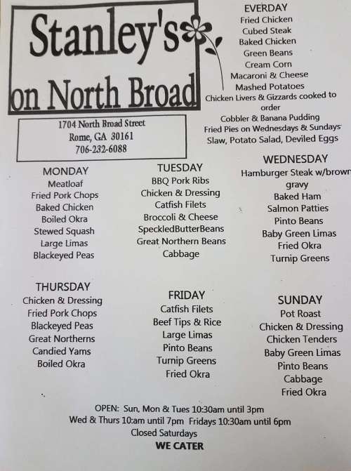 Stanley's On North Broad menu in Rome, Georgia, USA