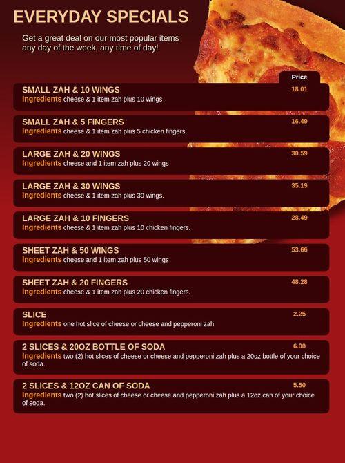 Zahz Pizza menu in Cheektowaga, New York, USA