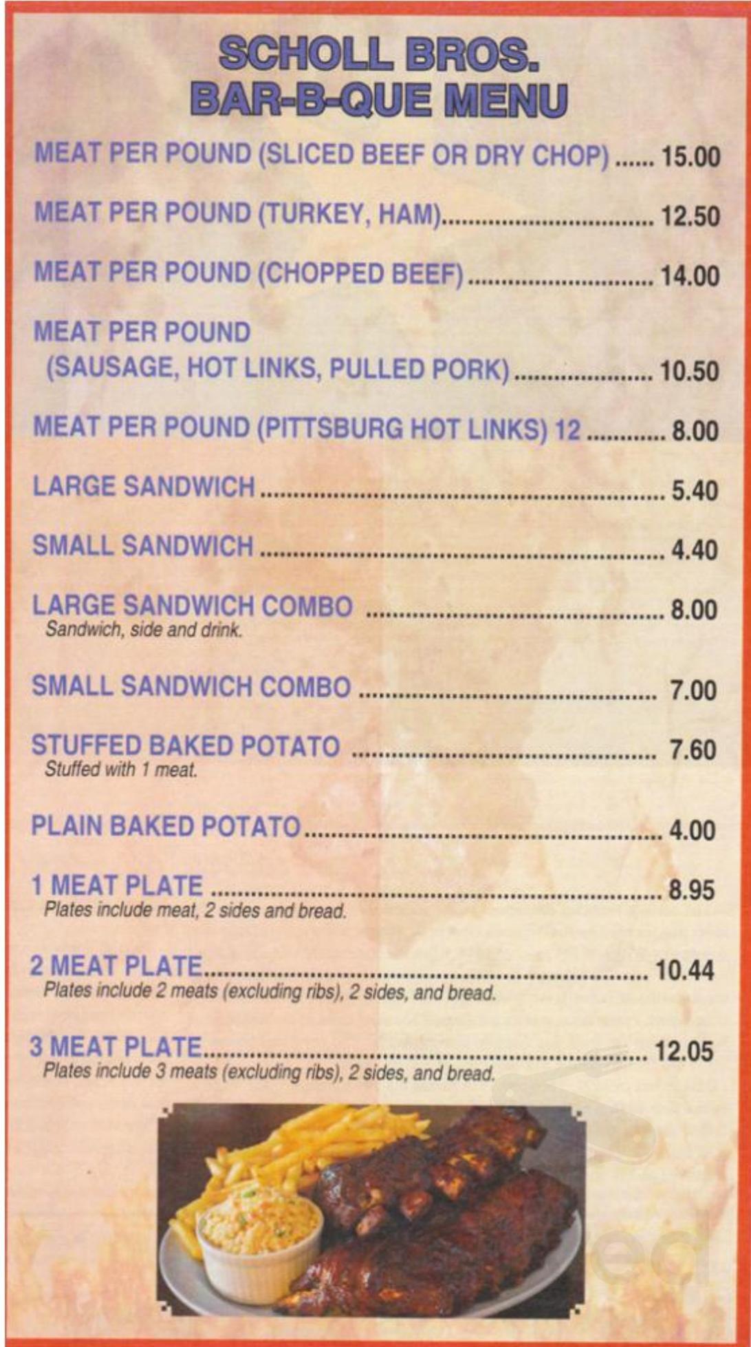 Menu - Paris TX's Scholl Bros Bar-B-Que | Sirved