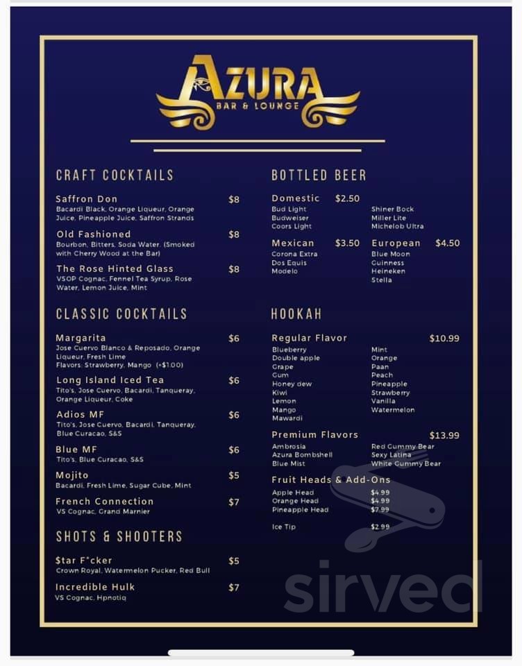 Azura Bar And Lounge menu in Houston, Texas, USA