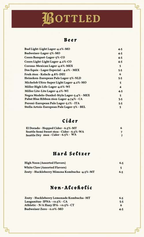 Bacchus Pub menu in Bozeman, Montana, USA