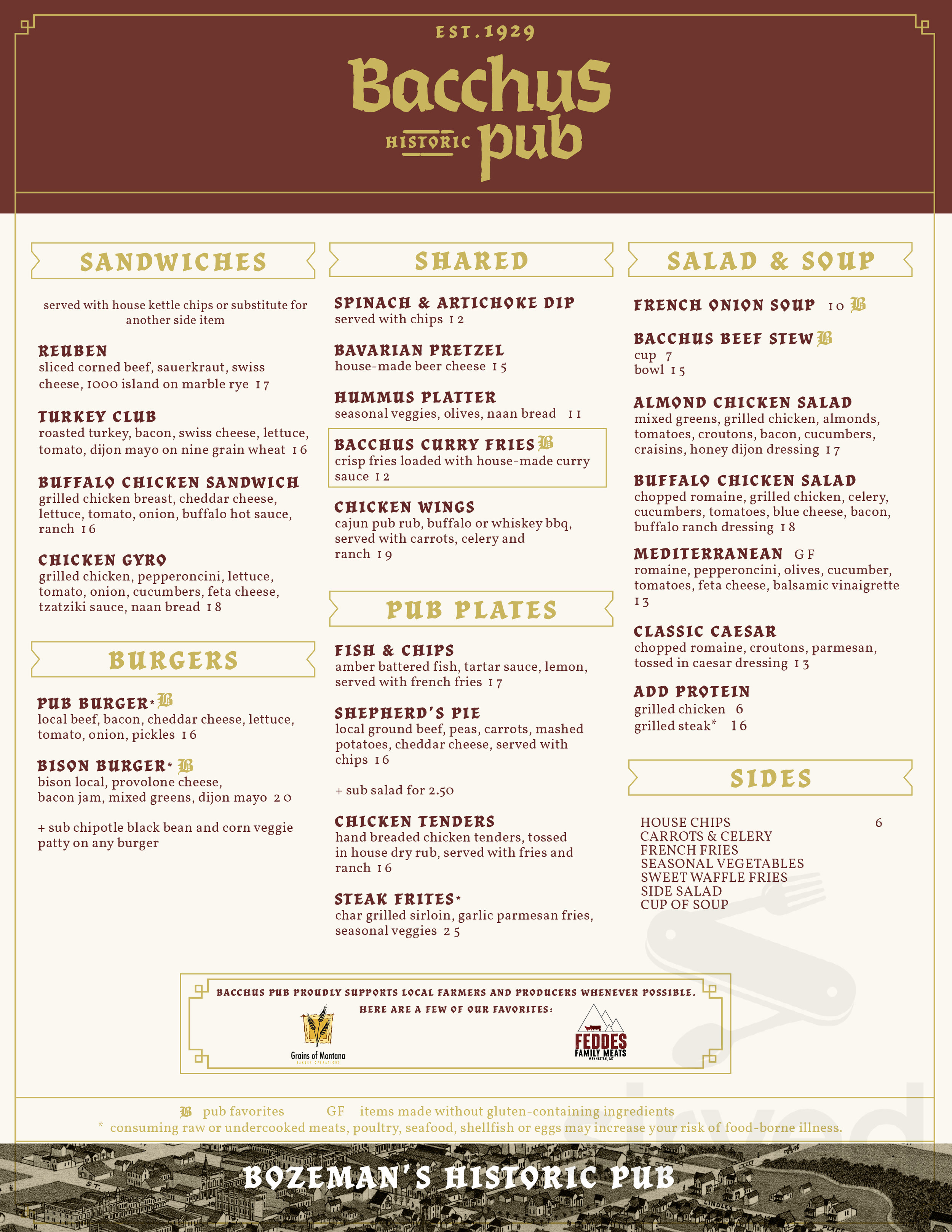 Bacchus Pub menu in Bozeman, Montana, USA