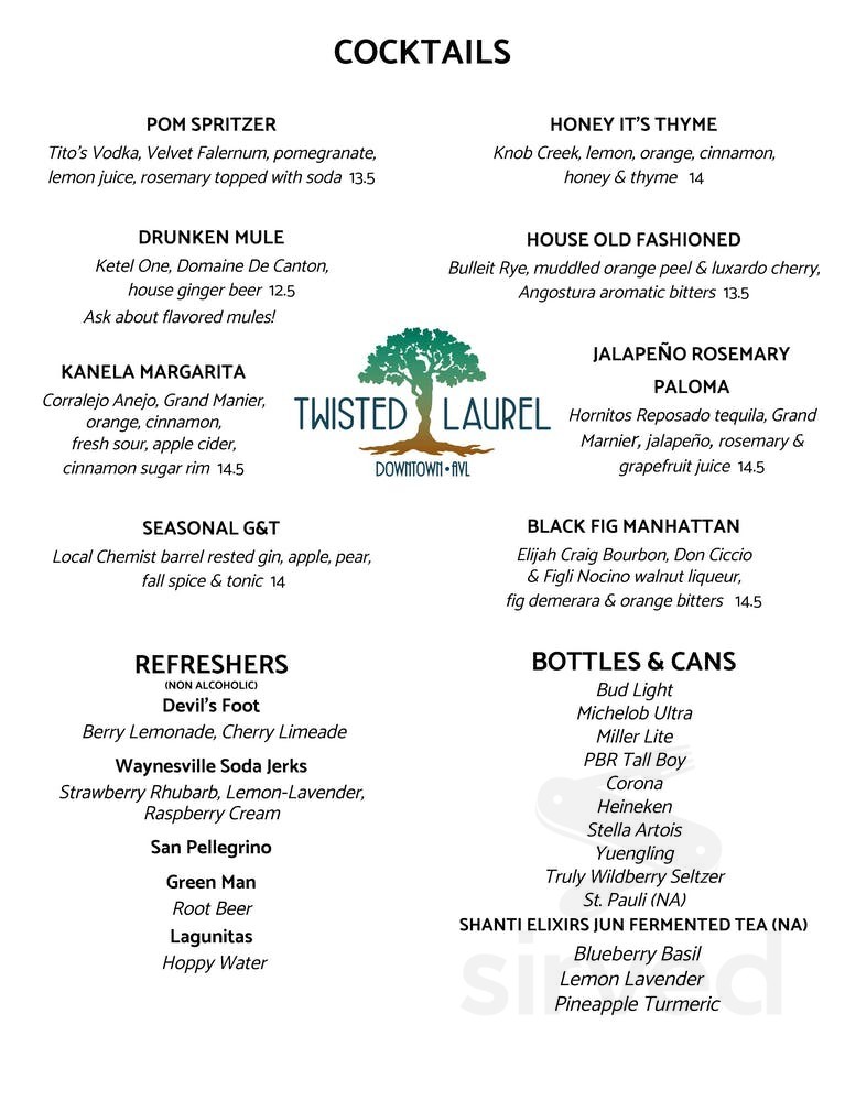 Twisted Laurel Downtown Asheville menu in Asheville, North Carolina, USA