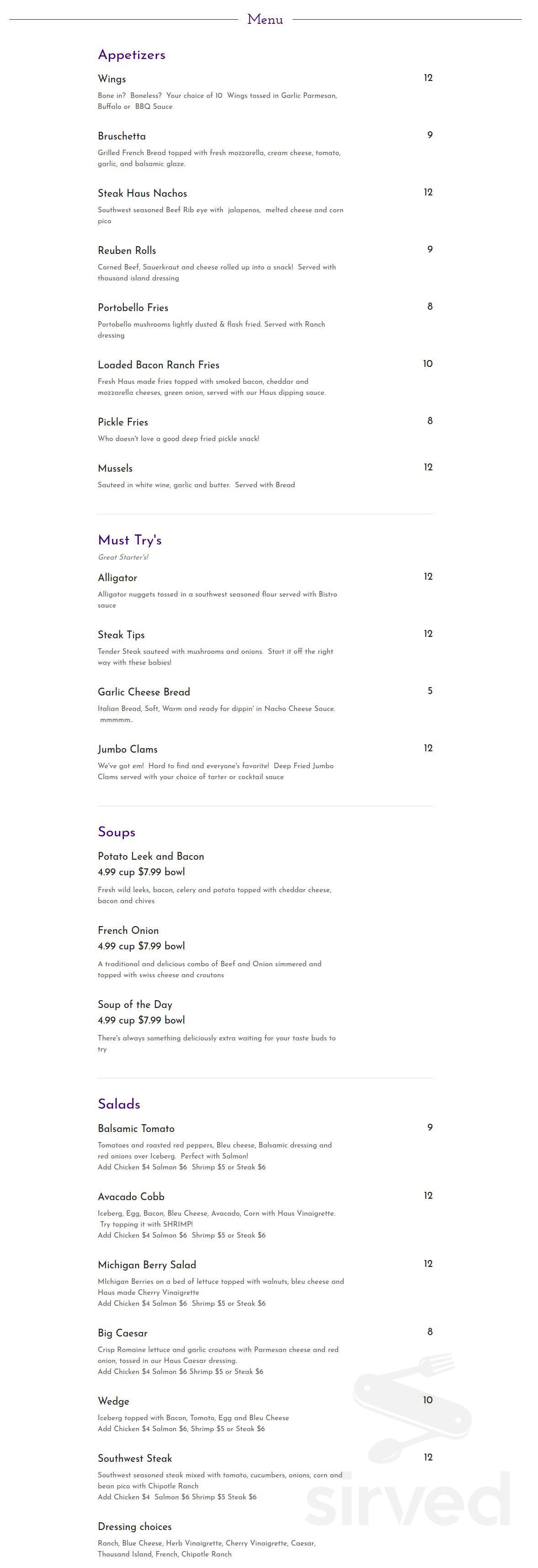Menu for Porter Haus in Gaylord, MI | Sirved