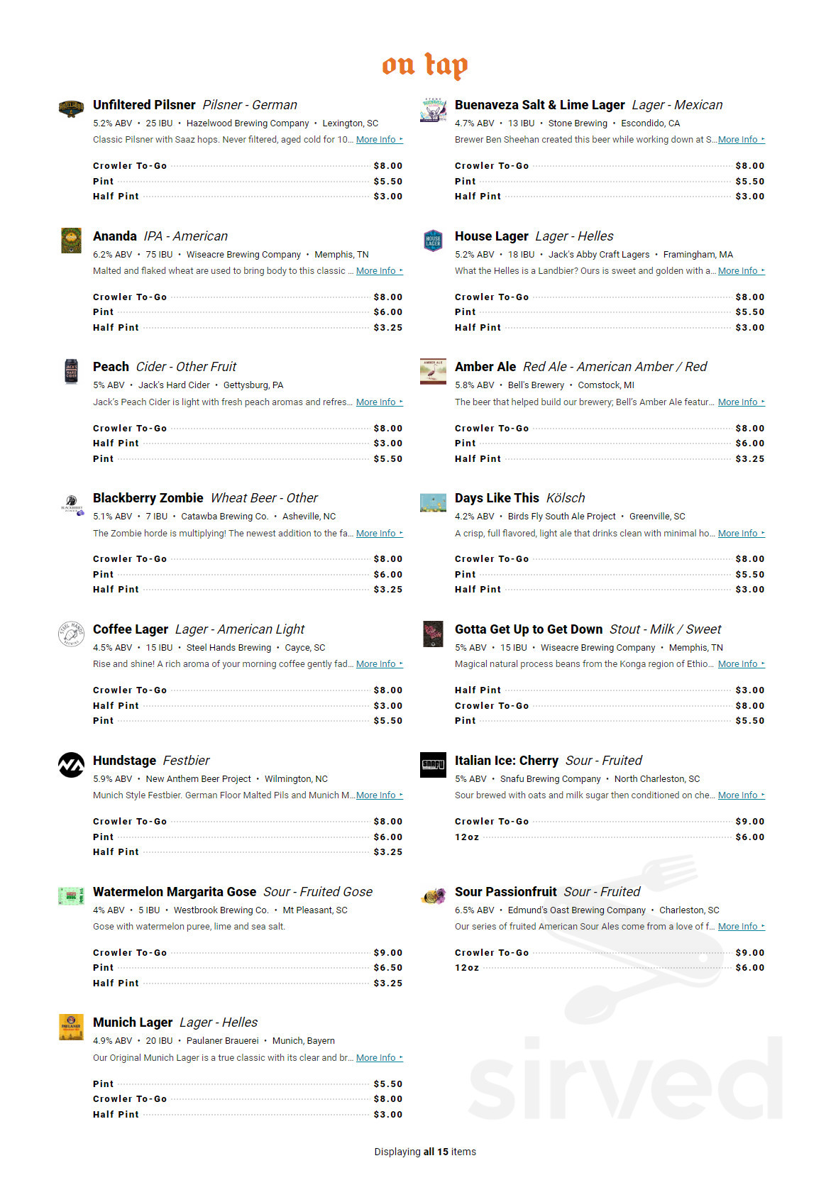 Menu for Weco Bottle and Biergarten in West Columbia, SC | Sirved