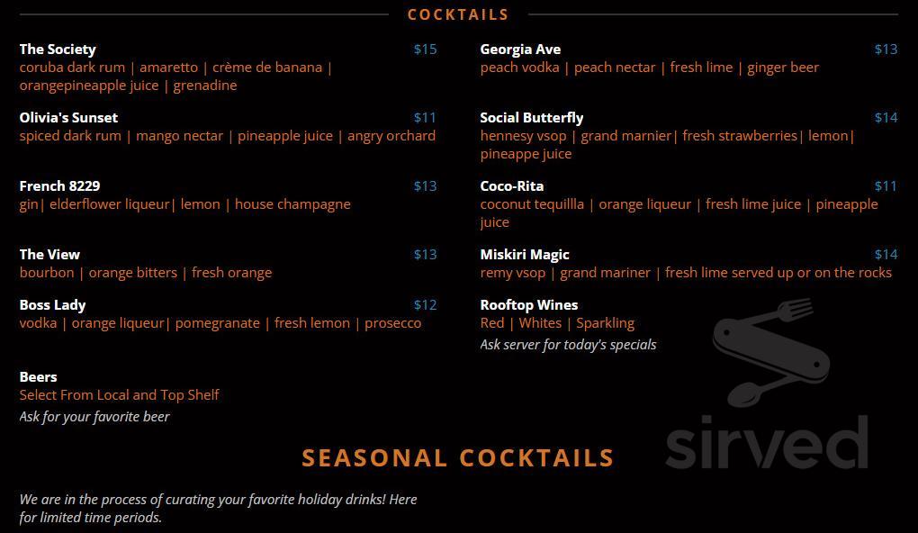 Menu for The Society Restaurant & Lounge in Silver Spring, MD | Sirved
