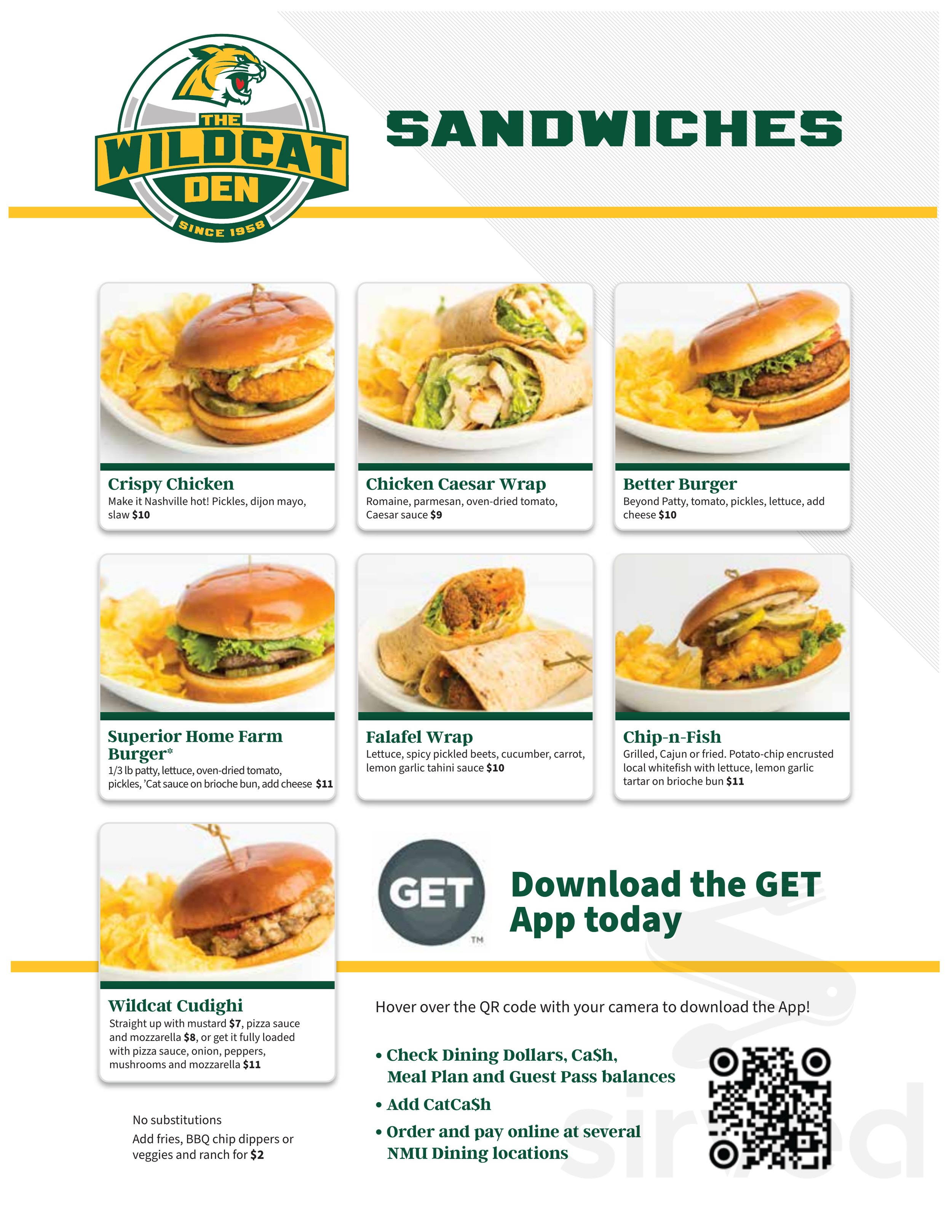 NMU Wildcat Den menu in Marquette, Michigan, USA