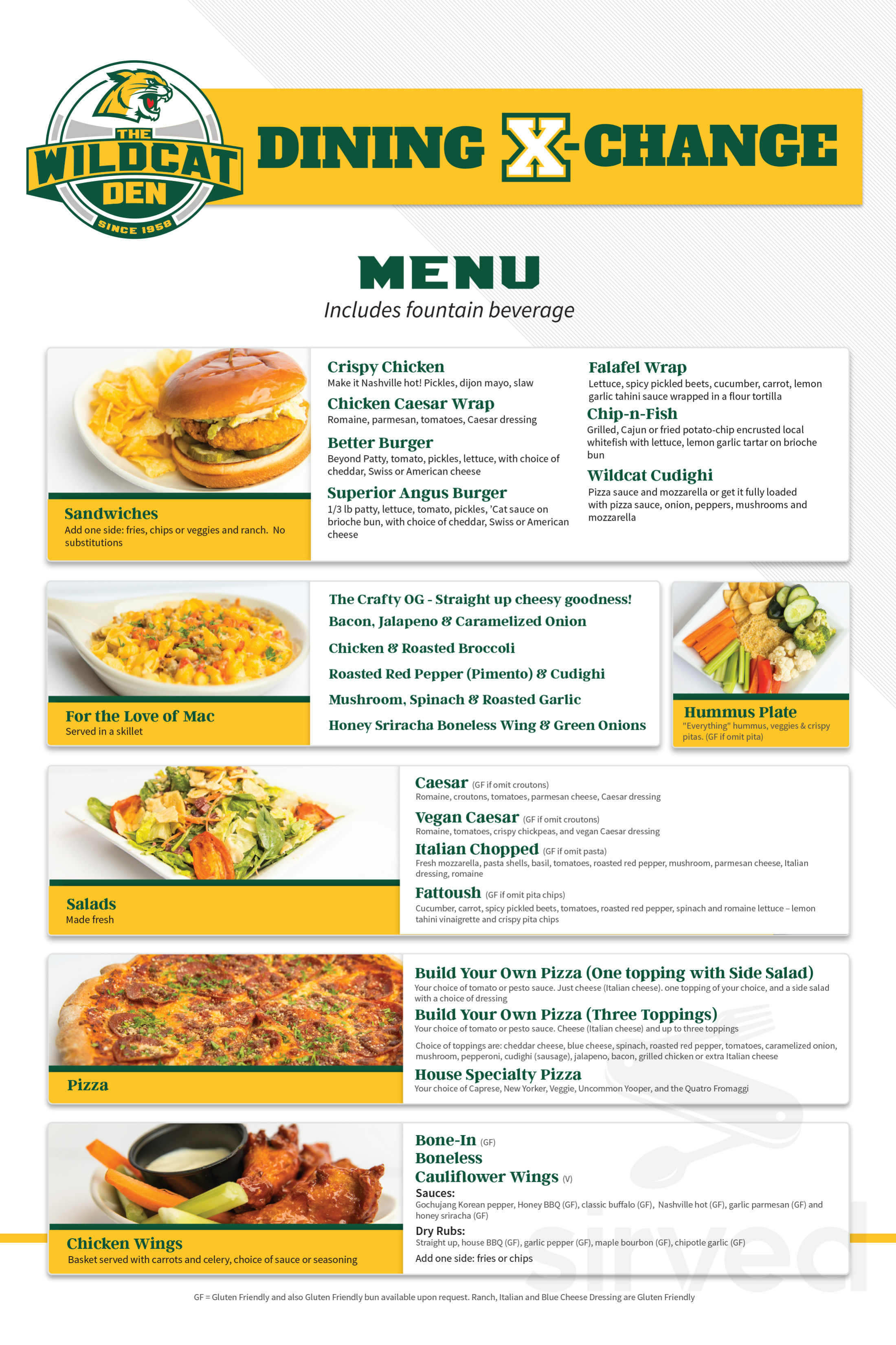 NMU Wildcat Den menu in Marquette, Michigan, USA