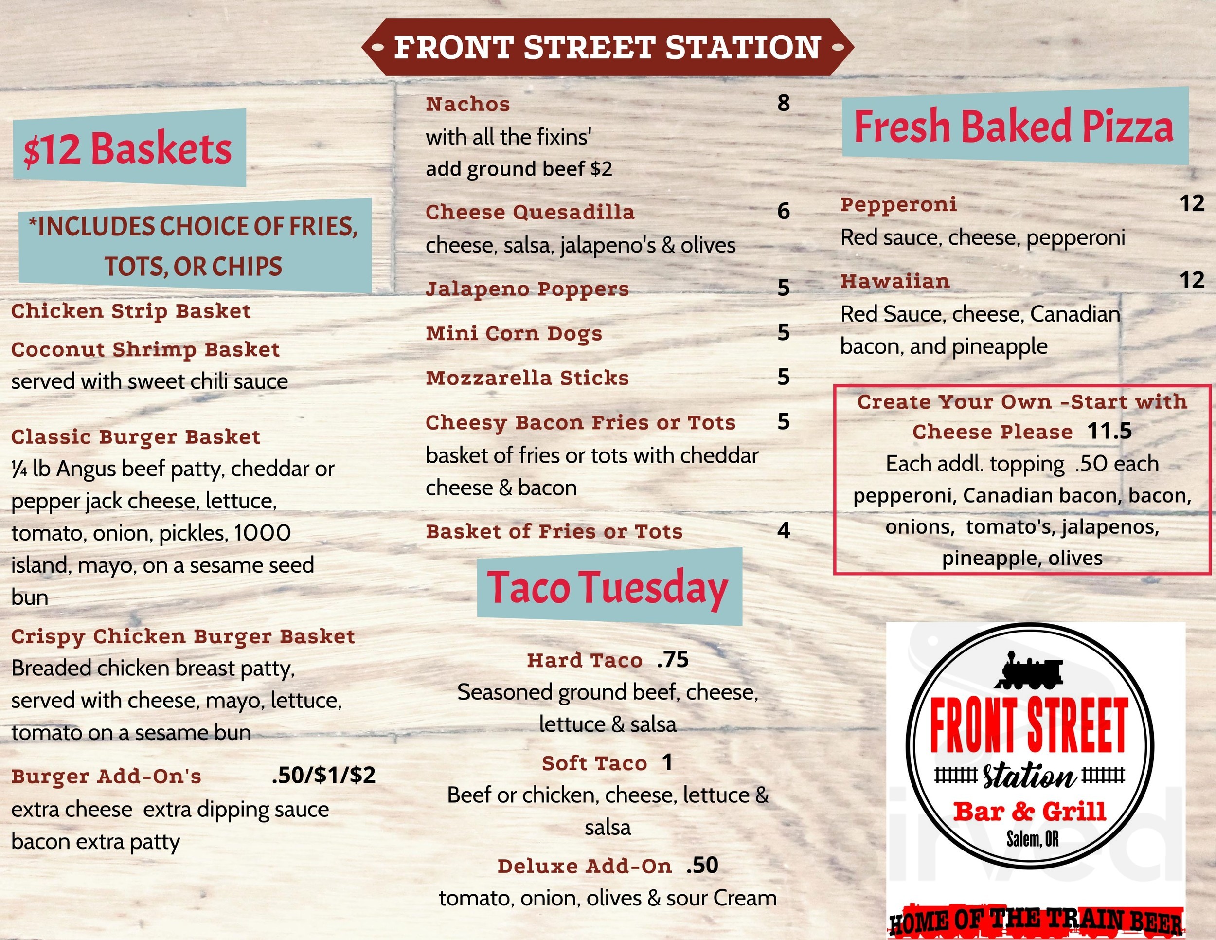 Front Street Station menu in Salem, Oregon, USA