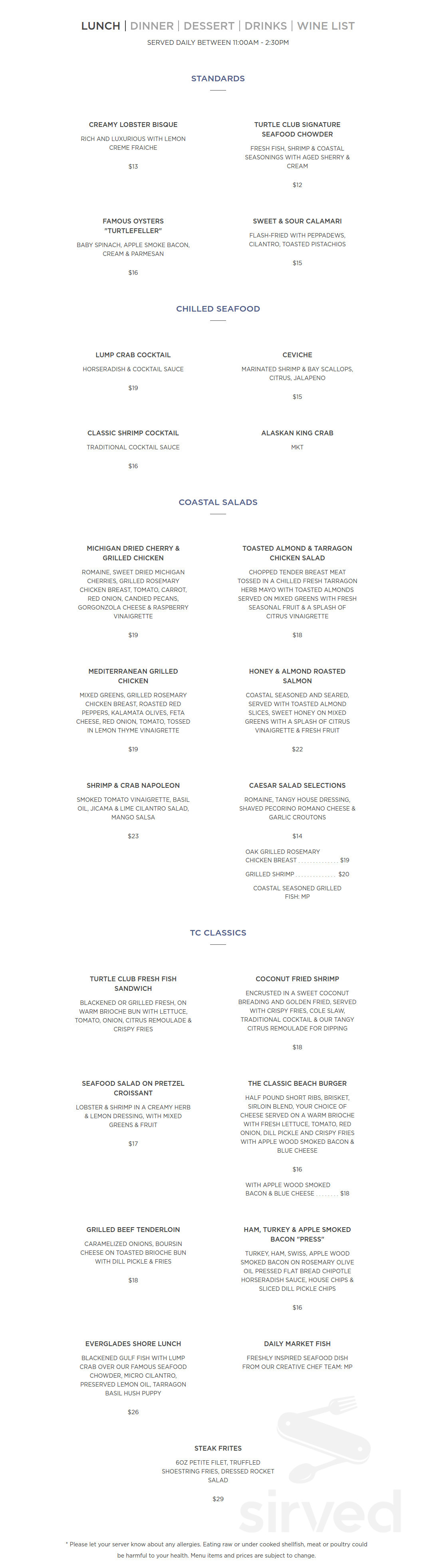 The Turtle Club menu in Naples, Florida, USA