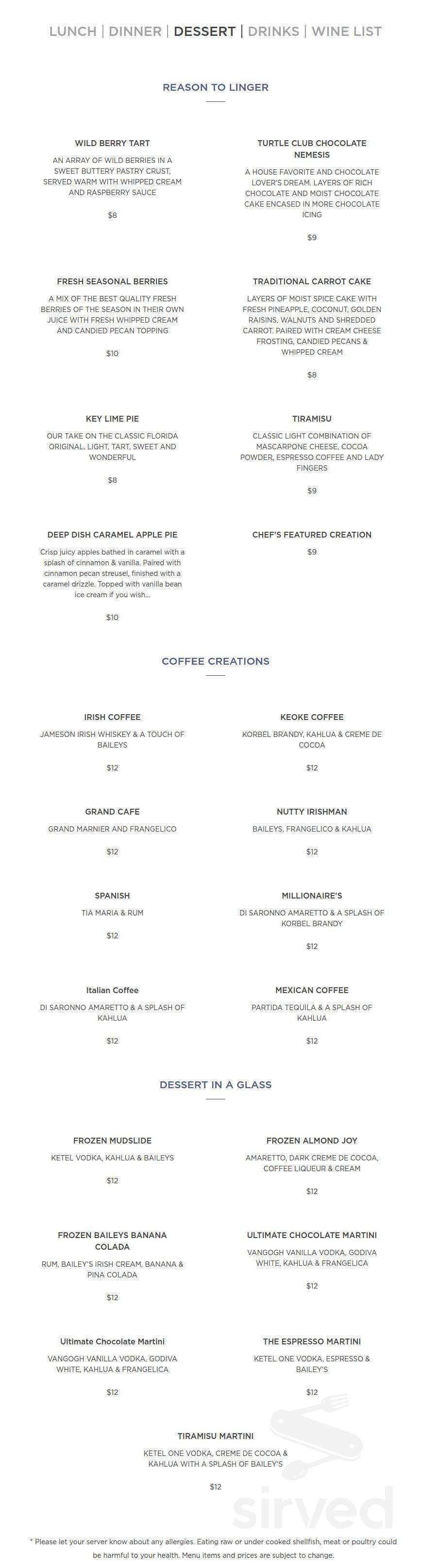 The Turtle Club menu in Naples, Florida, USA