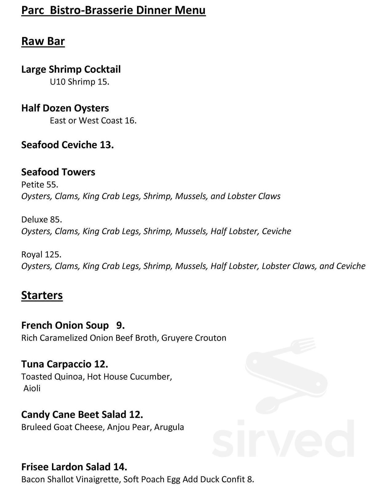 Parc Bistro-Brasserie menu in San Diego, California, USA