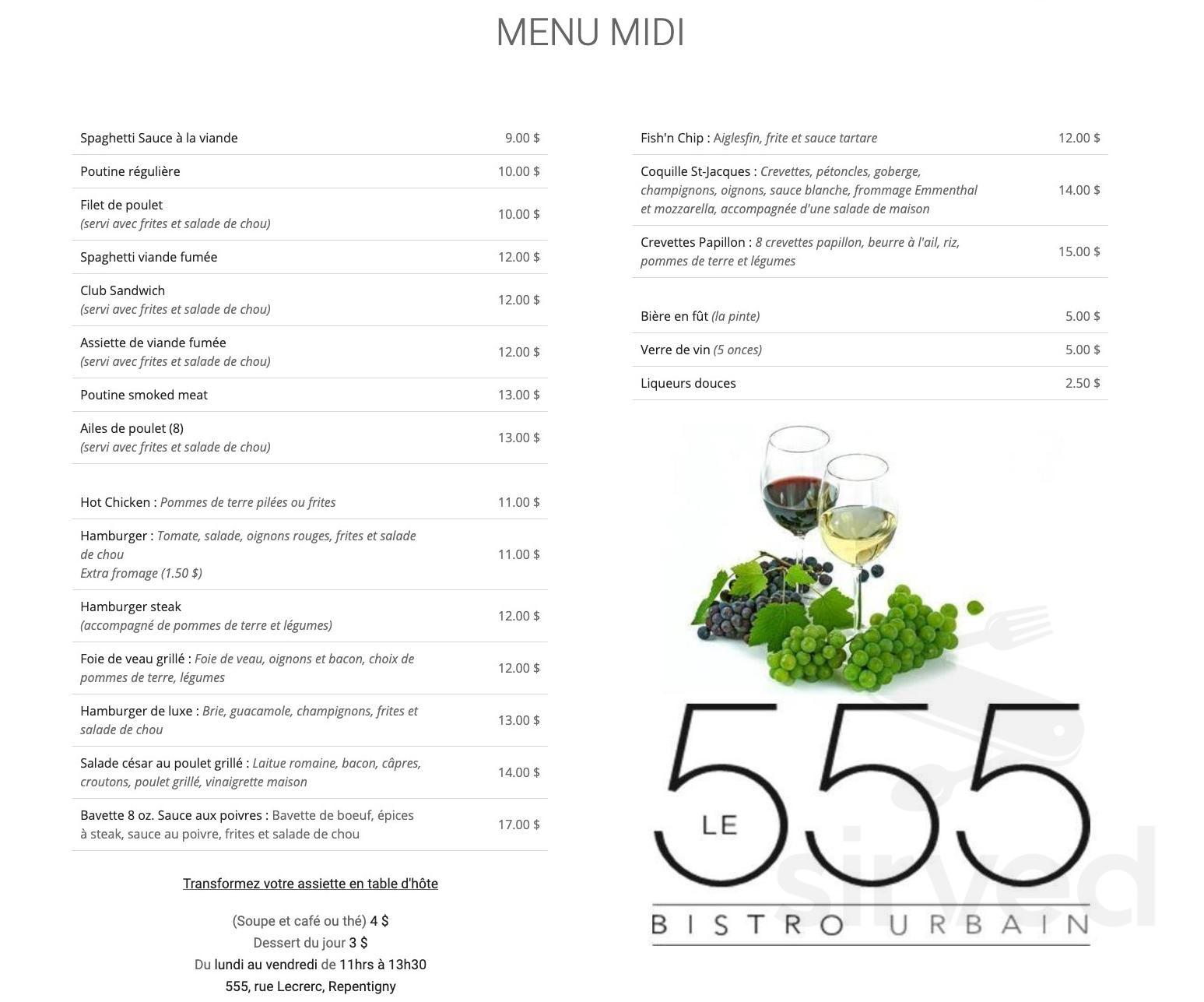 Le 555 Bistro Urbain menu in Repentigny, Quebec, Canada