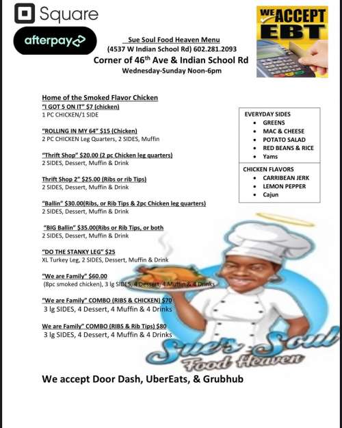 Sue Soul Food Heaven menu in Phoenix, Arizona, USA
