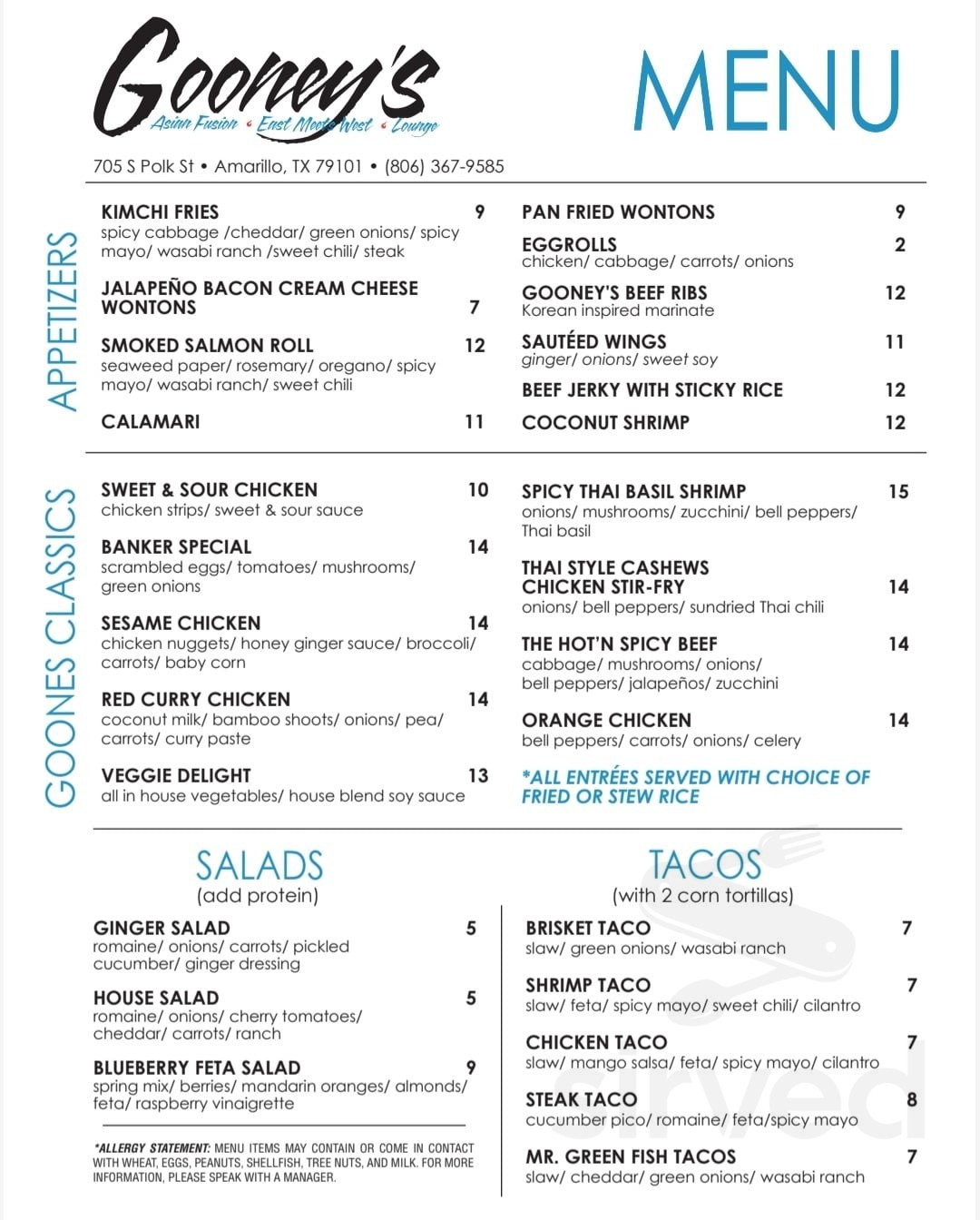 Gooney's menu in Amarillo, Texas, USA