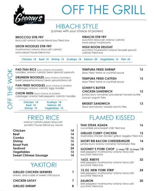 Gooney's menu in Amarillo, Texas, USA