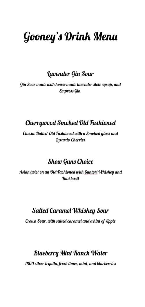 Gooney's menu in Amarillo, Texas, USA