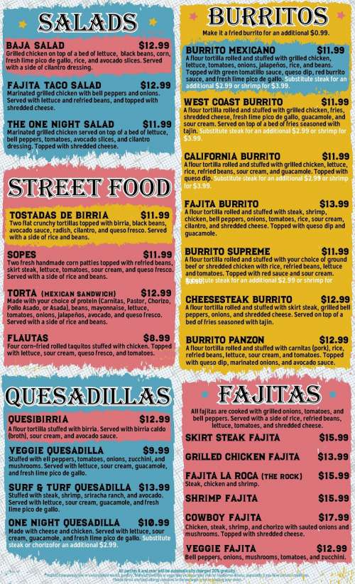 One Night Taco Stand menu in Jacksonville, Florida, USA