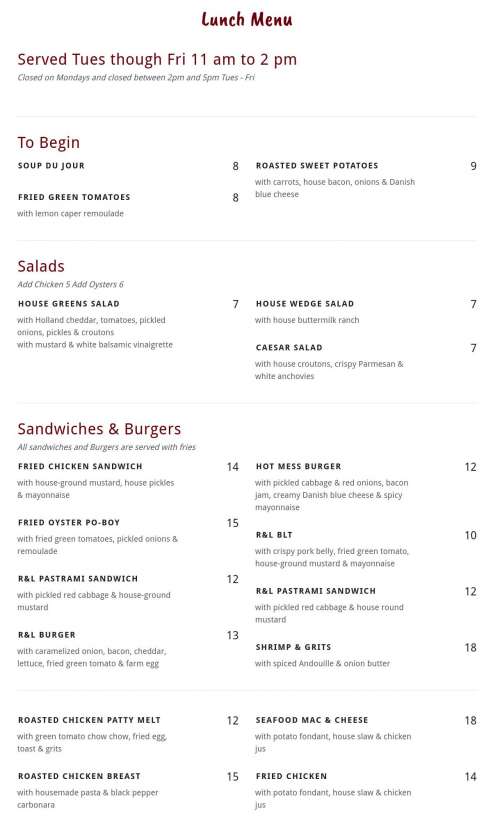 Raven & Lily menu in Collierville, Tennessee, USA